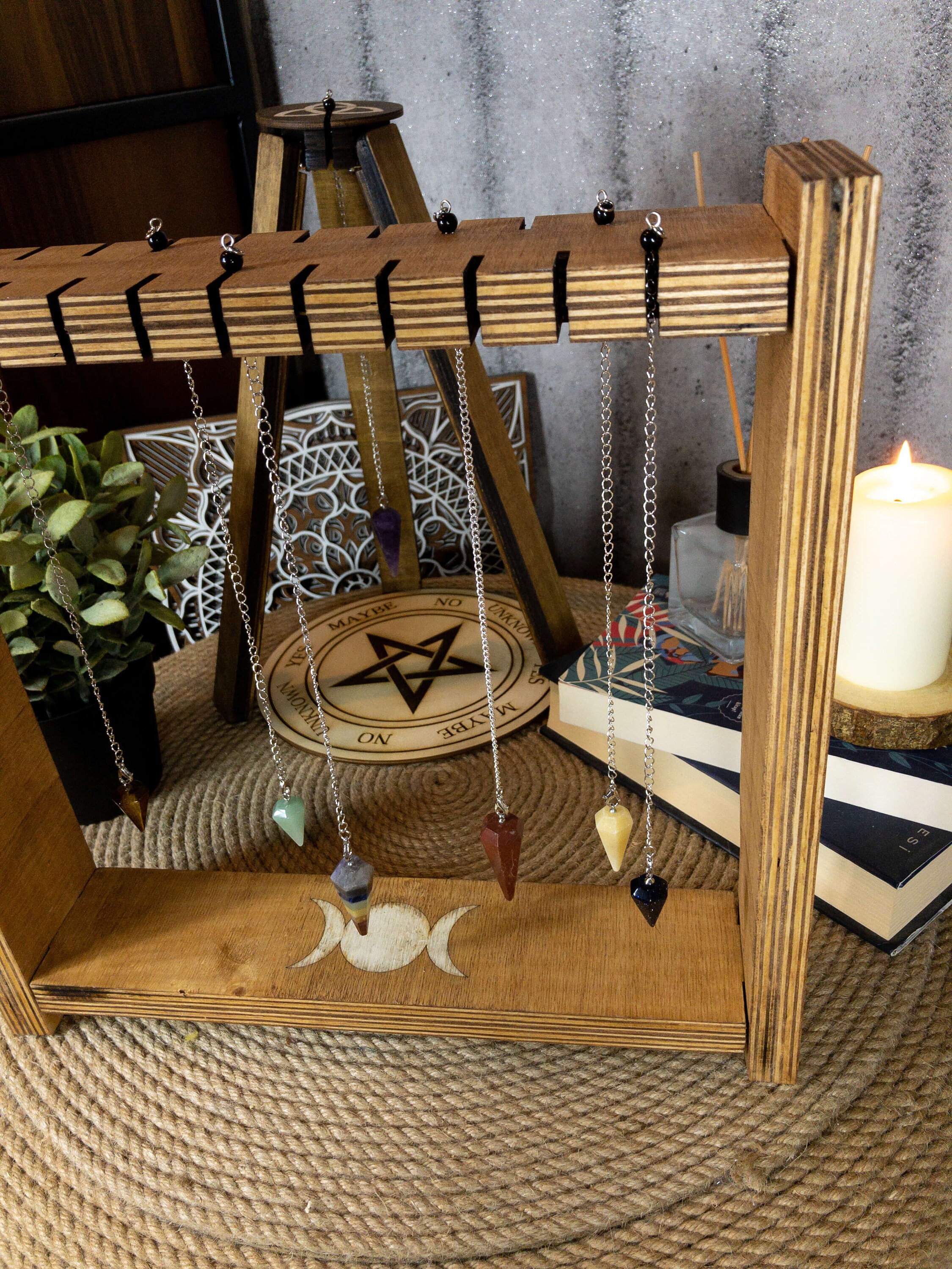 Triple Moon Goddess Wooden Pendulum Stand, Holder, Necklace Jewelry ...
