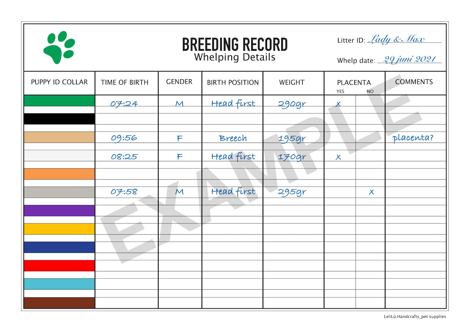 Puppy Breeding Charts in PDF / Whelping Chart Ideal for Breeders ...