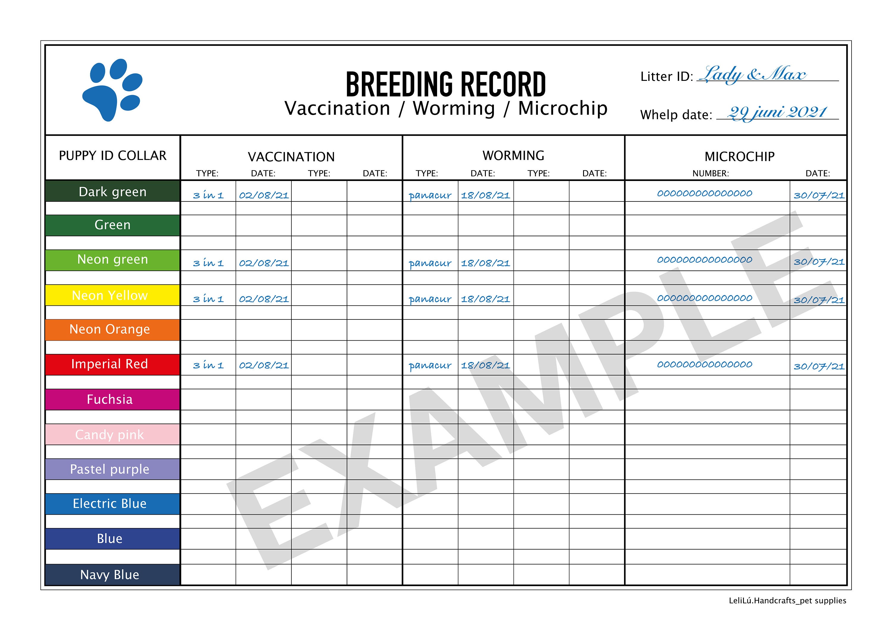 Puppy Breeding Charts in PDF / Record Keeping Charts for - Etsy UK