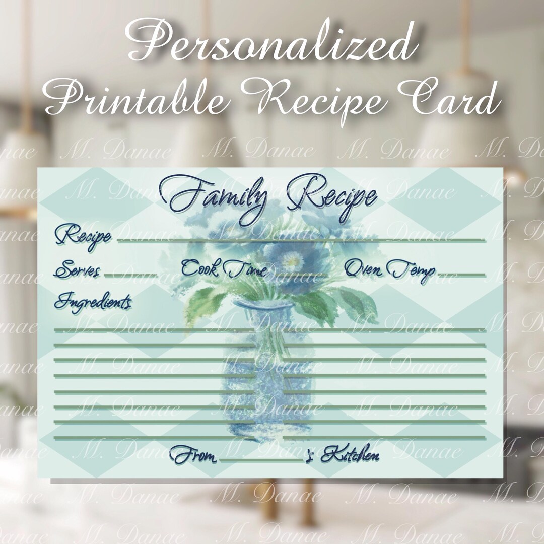Printable Blue Flowers Recipe Card 4 X 6. Perfect for Sharing Your ...