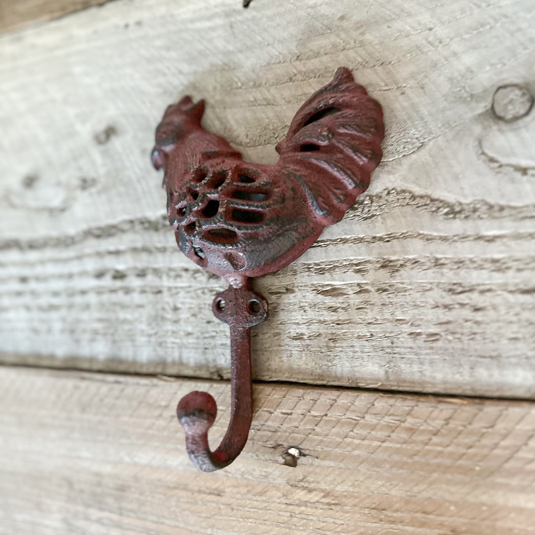 Rooster Single Hook, Chicken Hook, Farmhouse Hook, Red Hook, Cast Iron ...