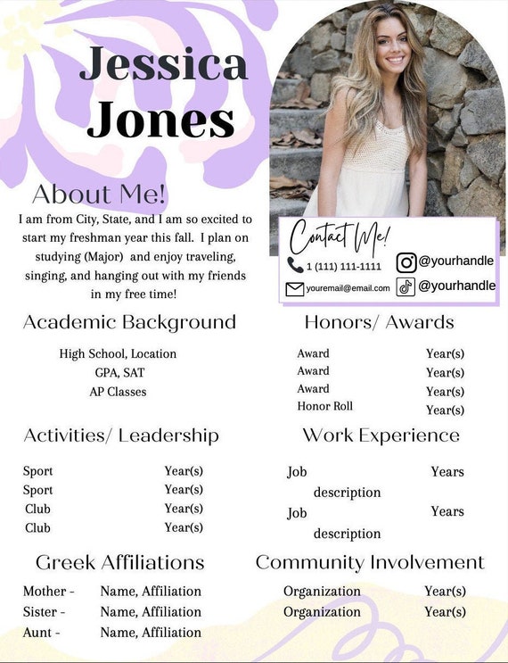 Sorority Recruitment Resume Template Etsy