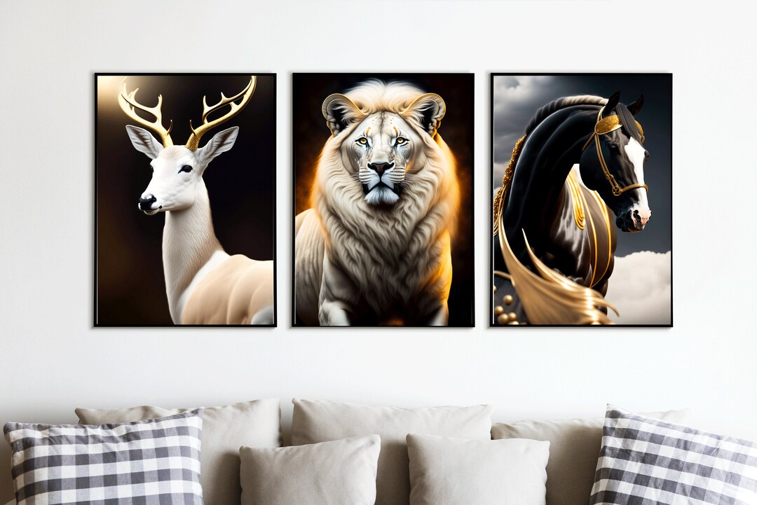 Rear Beautiful Art Portraits of a Deer, Lion, and Horse. Digital ...