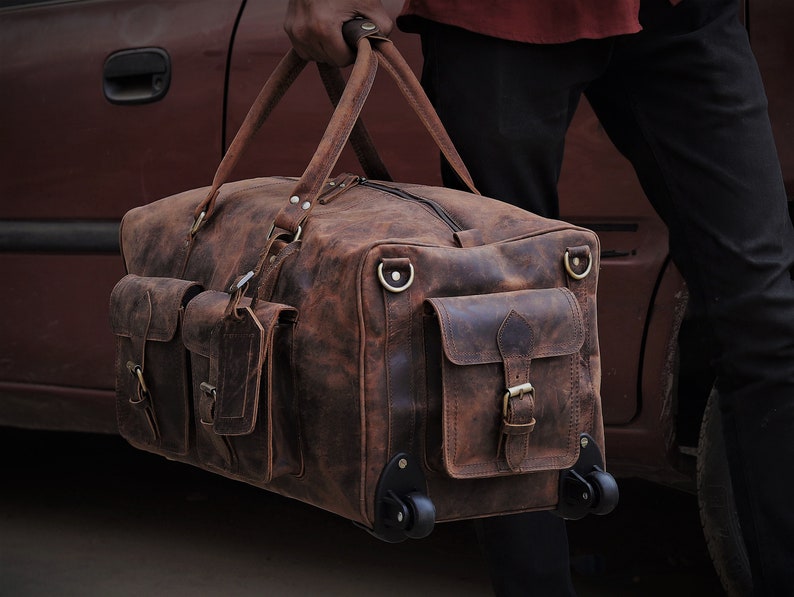 Leather Rolling Travel Duffel Bag 21 Wheeled Brown Duffel for ...