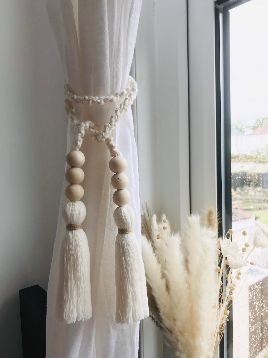 Macramé Curtain Tie Back Wooden Bead Braided Garland Minimalist Home ...