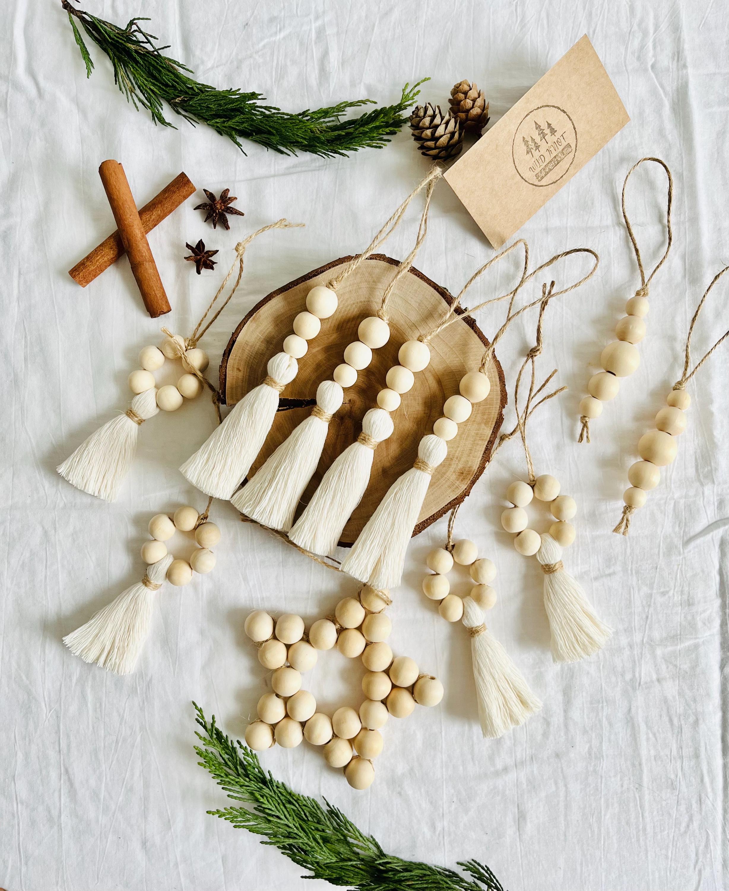 Rustic Gift Set of Wooden Christmas Macrame Ornaments | Bohemian ...