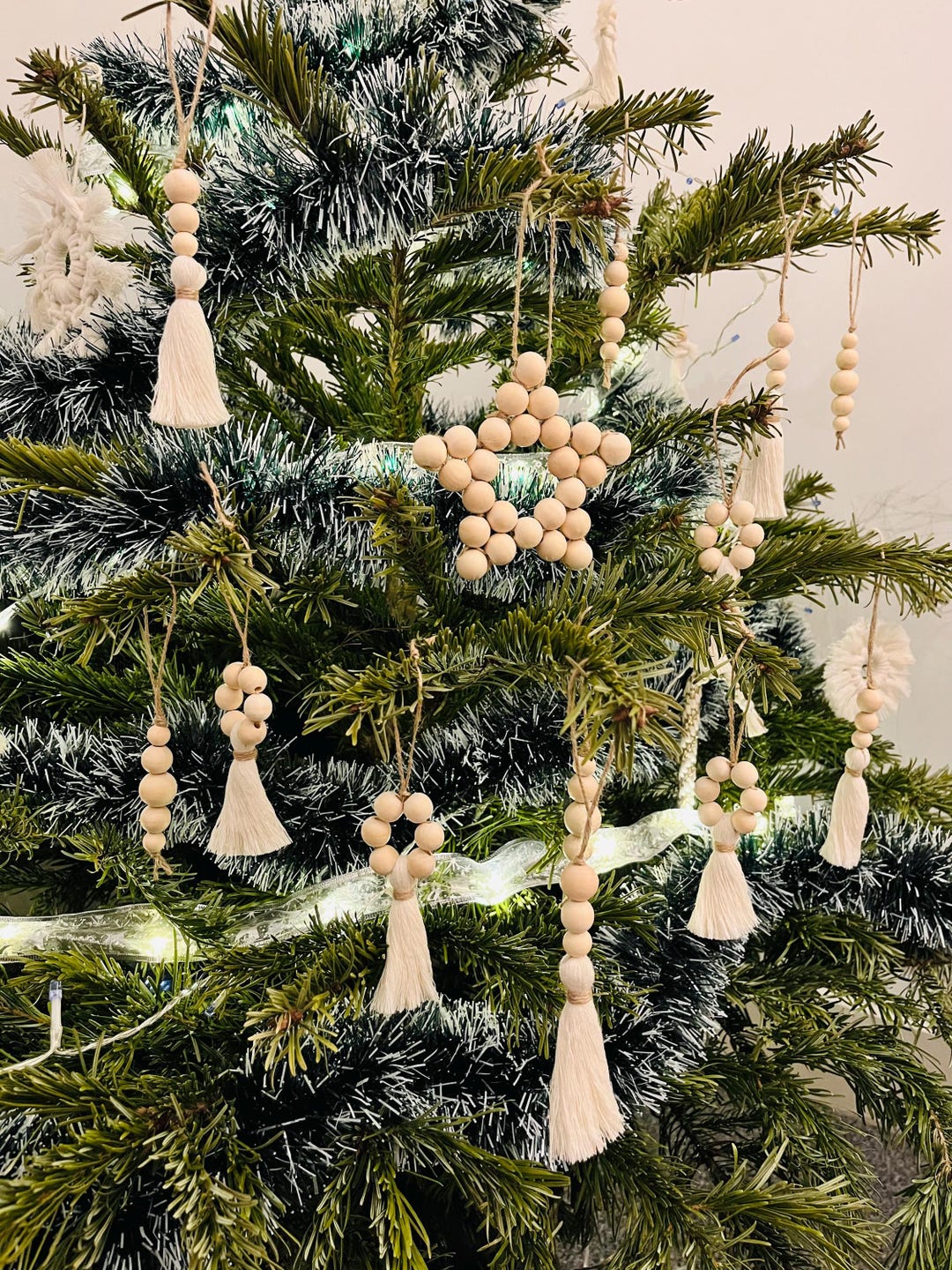 Rustic Gift Set of Wooden Christmas Macrame Ornaments | Bohemian ...