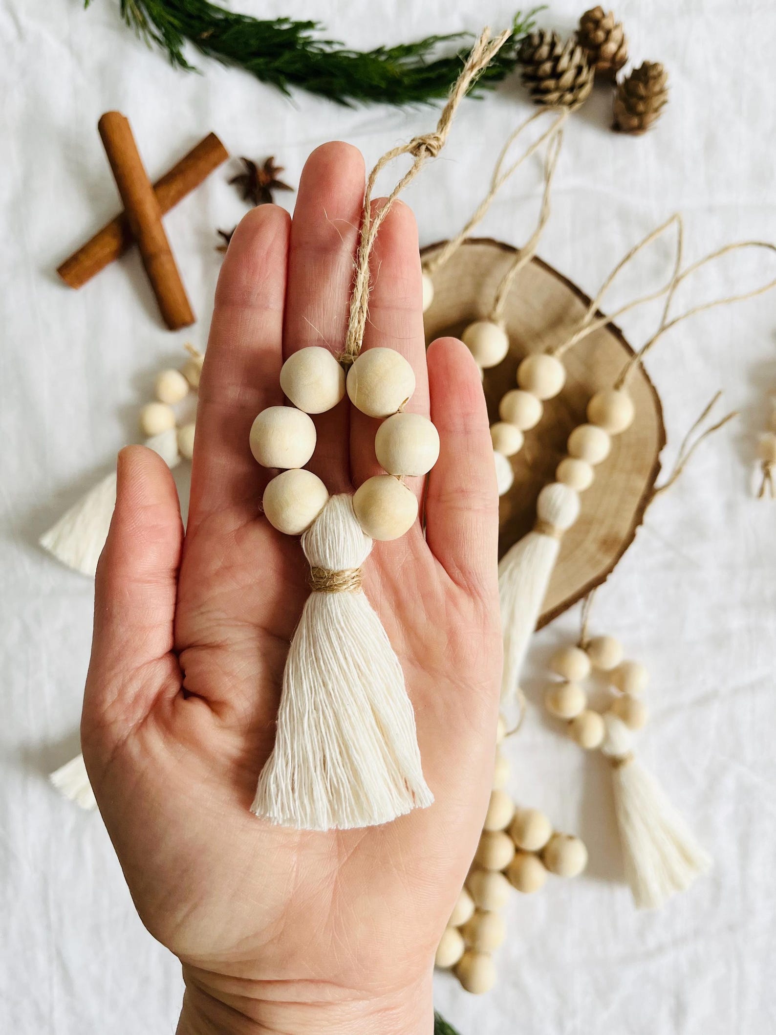 Rustic Gift Set of Wooden Christmas Macrame Ornaments | Bohemian ...