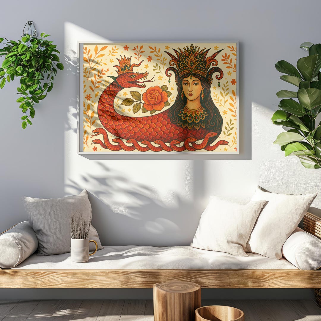 Colorful Shahmaran Art Prin, Mystical Anatolian Folk Art Illustration ...
