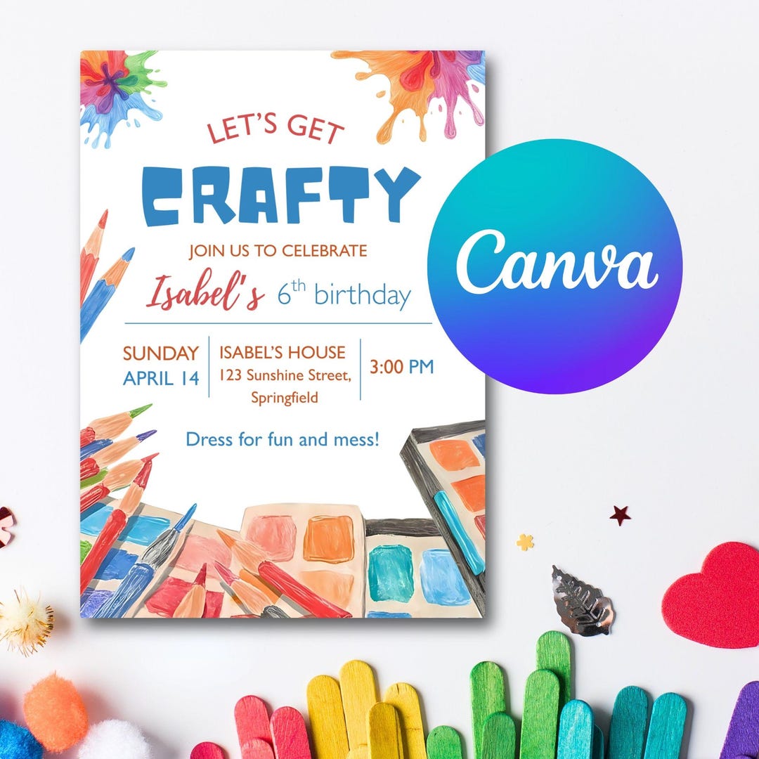Editable Craft Birthday Invitation Canva | Art Party Kids Invite | 2nd ...