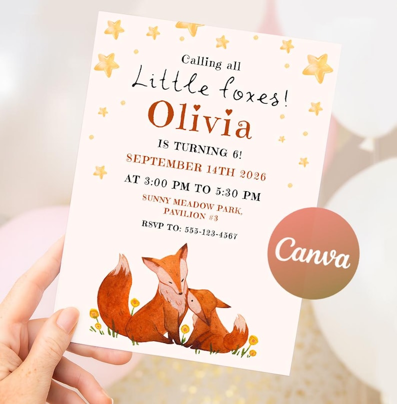 Fox Birthday Invitation Template, Editable Kids Party Invite (digital ...