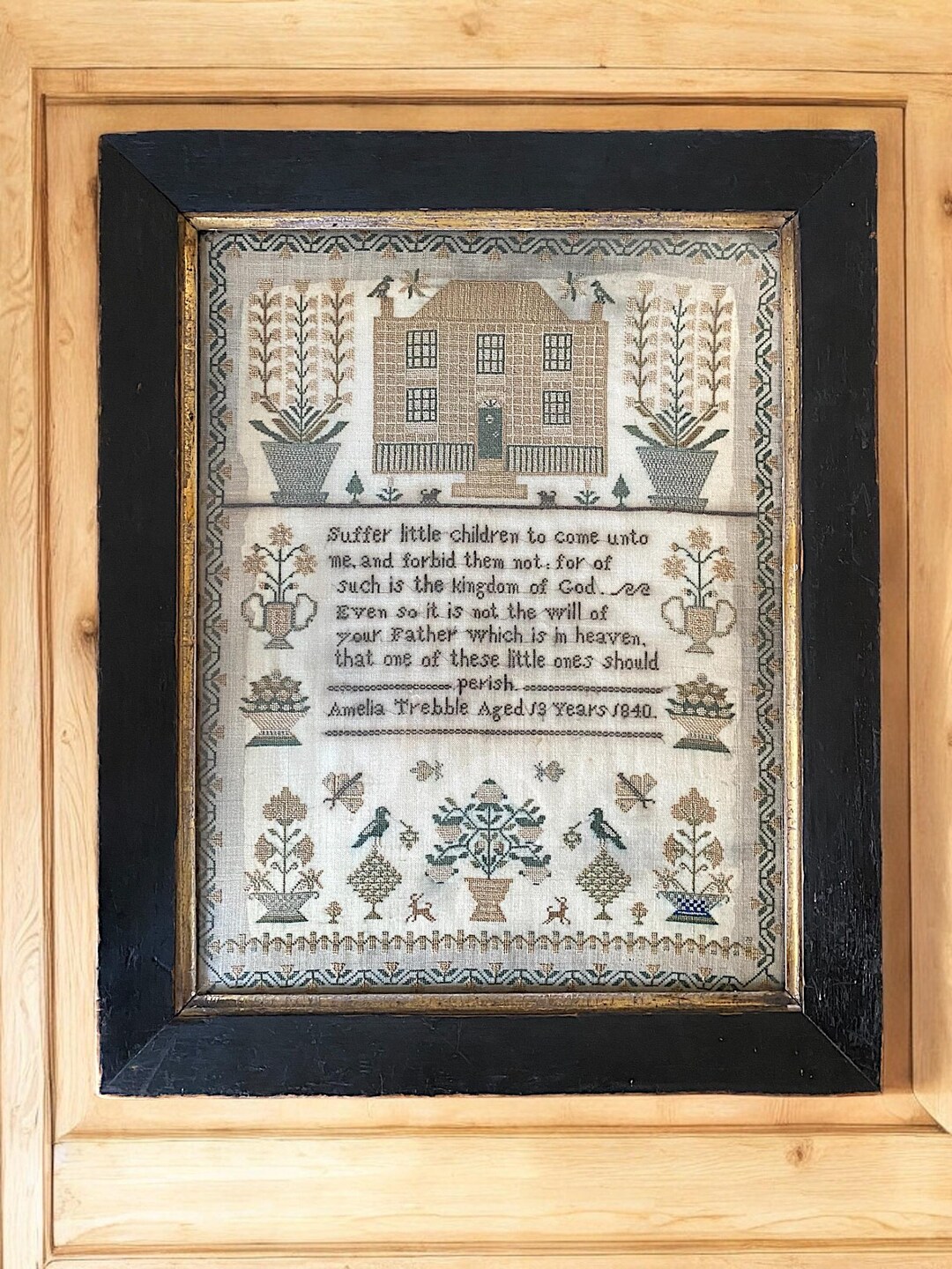 Antique English Victorian House Needlework Sampler Amelia Trebble 1840 ...