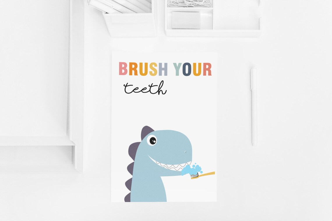 Dinosaur Brushing Teeth,bathroom Prints for Kids,kids Bathroom Wall ...
