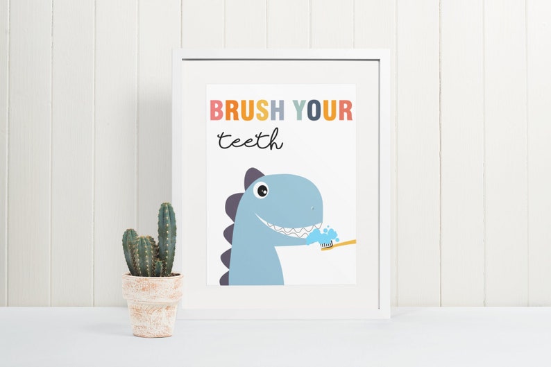 Dinosaur Brushing Teeth,bathroom Prints for Kids,kids Bathroom Wall ...