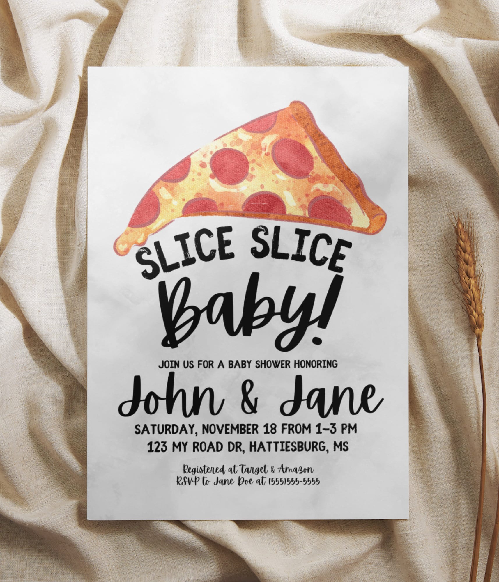 Slice Slice Baby Shower Invitation Template, 5x7 Pizza Themed Baby Shower Invitation Template ...