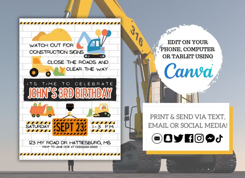 Construction Themed Any Birthday Invitation Template, 5x7 Construction ...