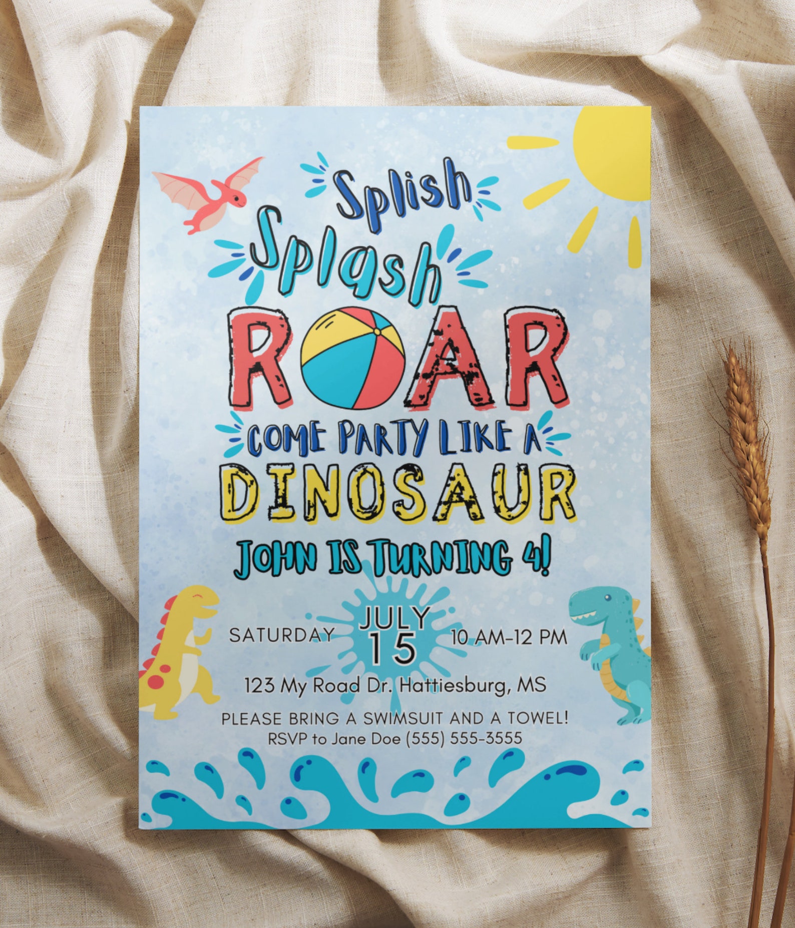 Splish Splash Roar Birthday Party Invitation Template, Digital ...
