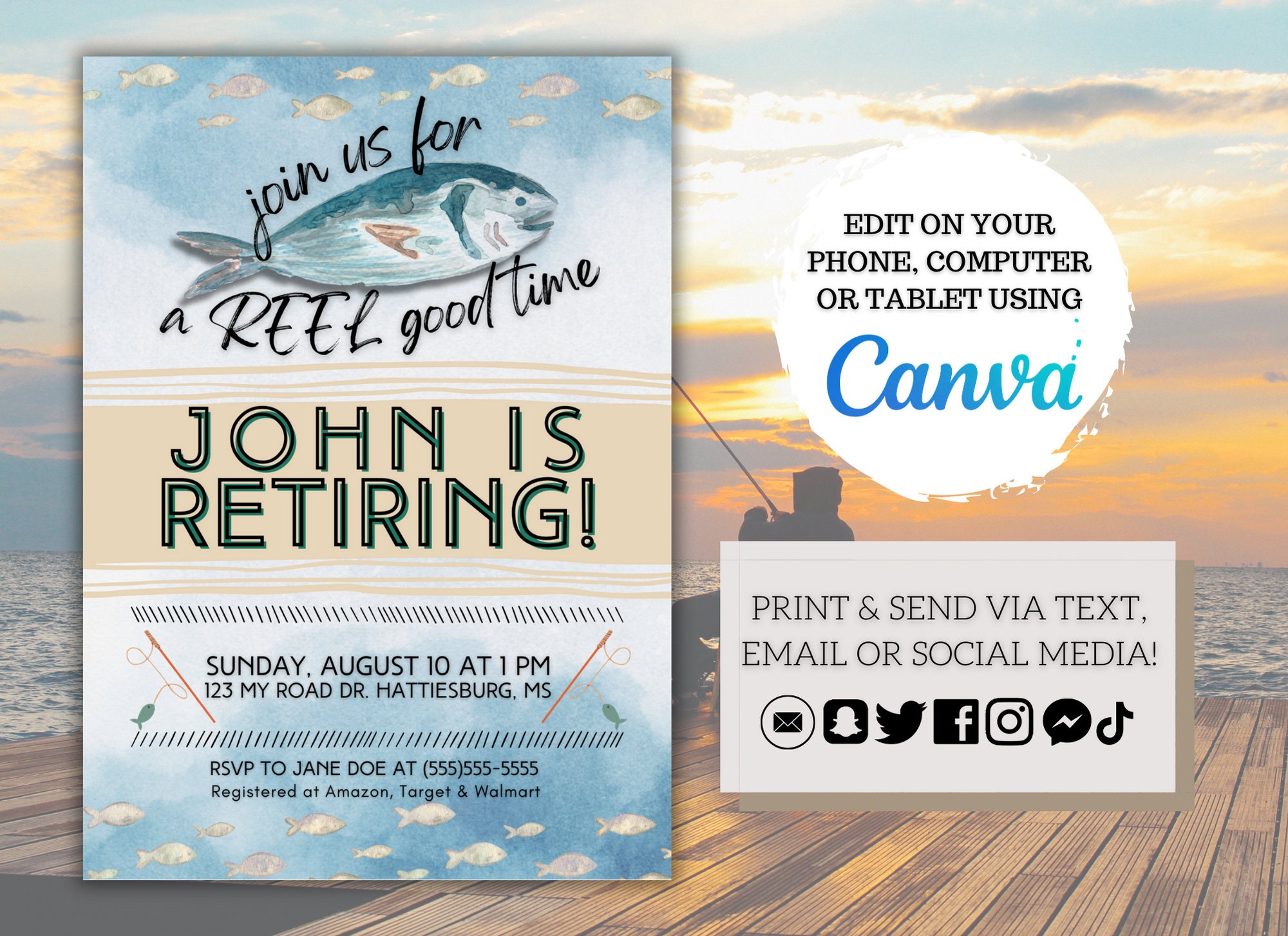 Reel Good Time Party Invitation Canva Template, 5x7 Invitation, Fishing ...
