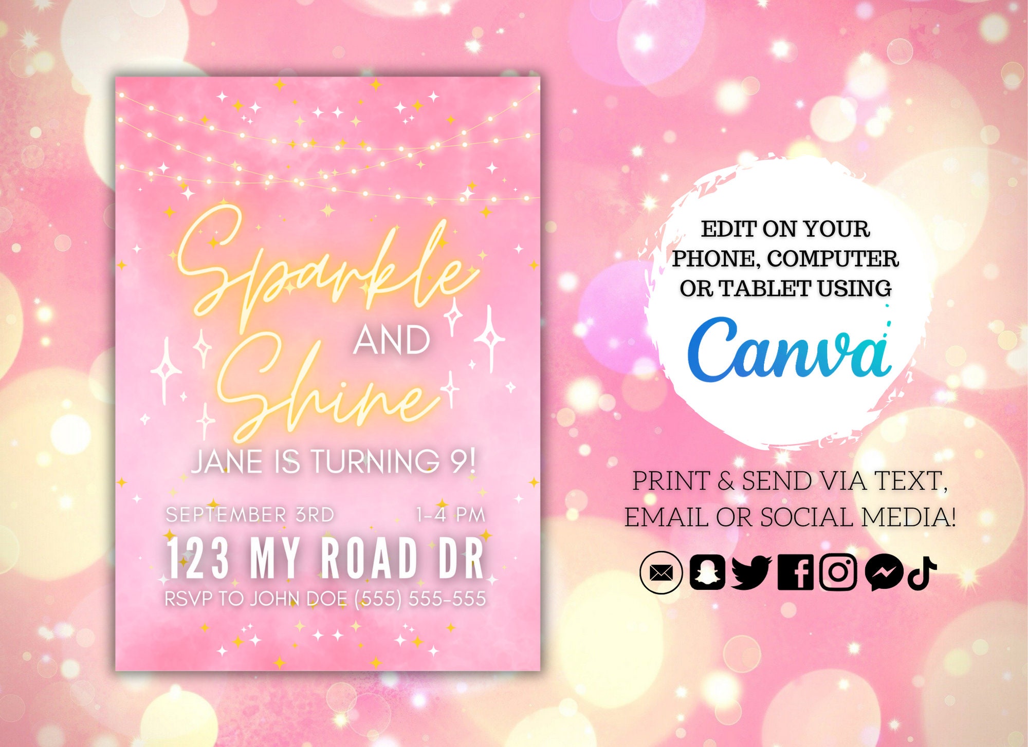Sparkle and Shine 9th Birthday Invitation Template, 5x7 Pink Birthday ...