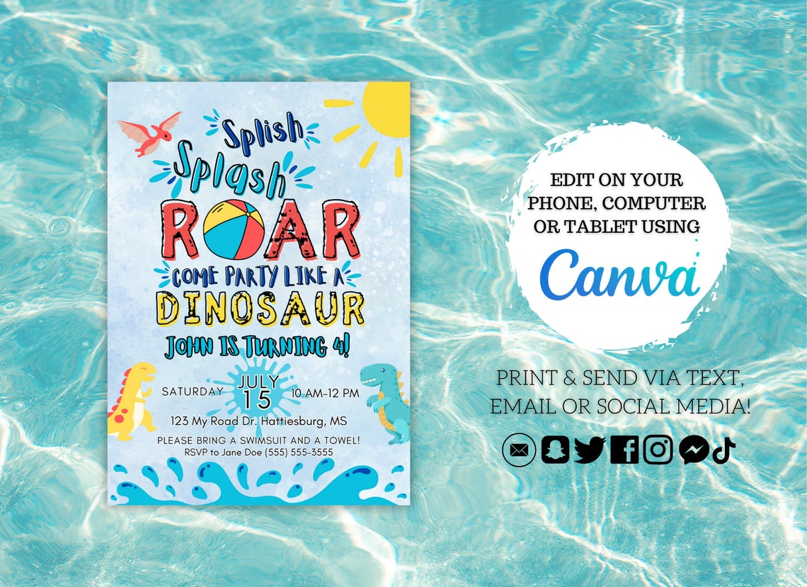 Splish Splash Roar Birthday Party Invitation Template, Digital ...