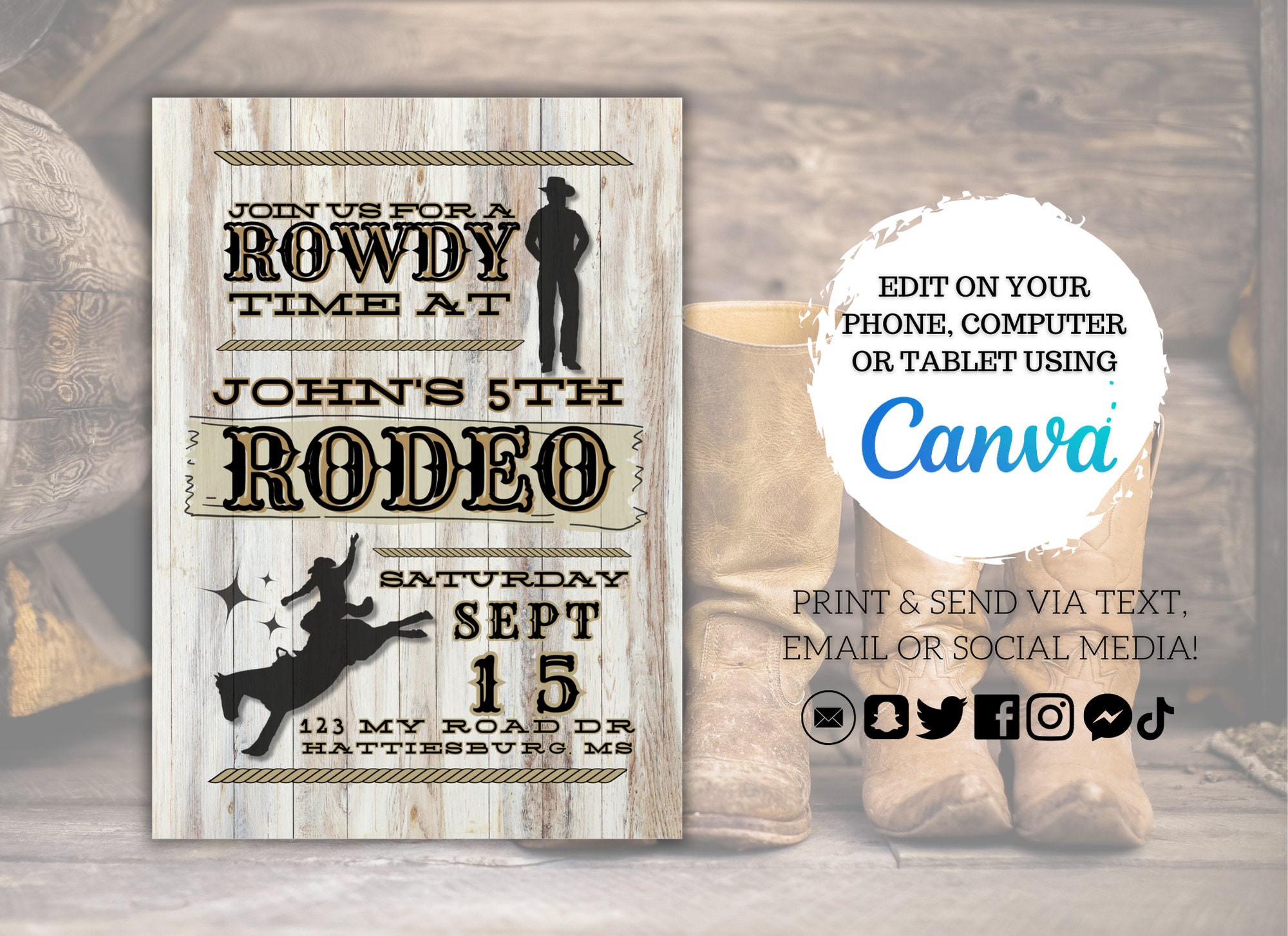 Rowdy Rodeo Birthday Invitation Template, Canva Invitation Template ...