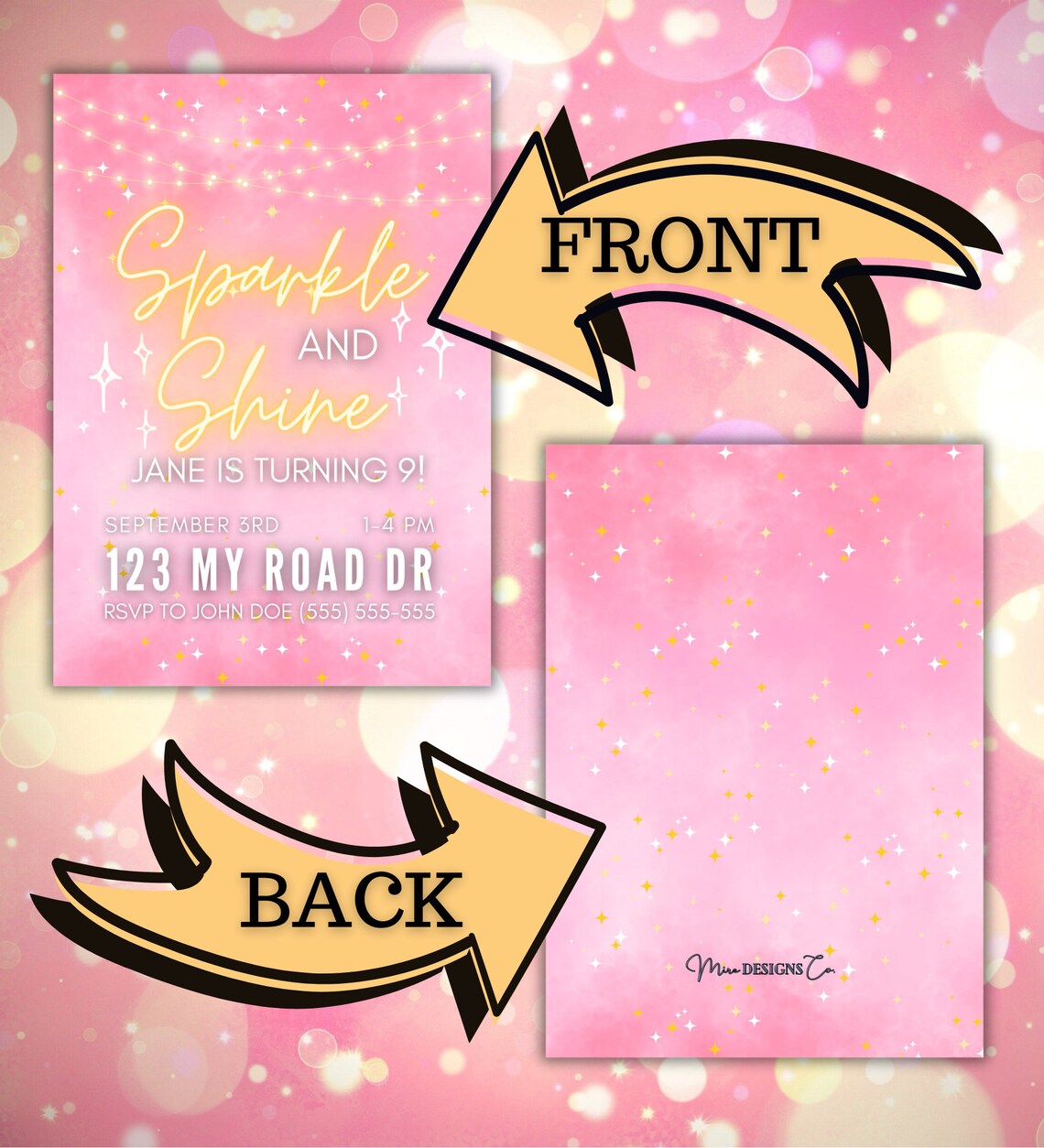 Sparkle and Shine 9th Birthday Invitation Template, 5x7 Pink Birthday ...