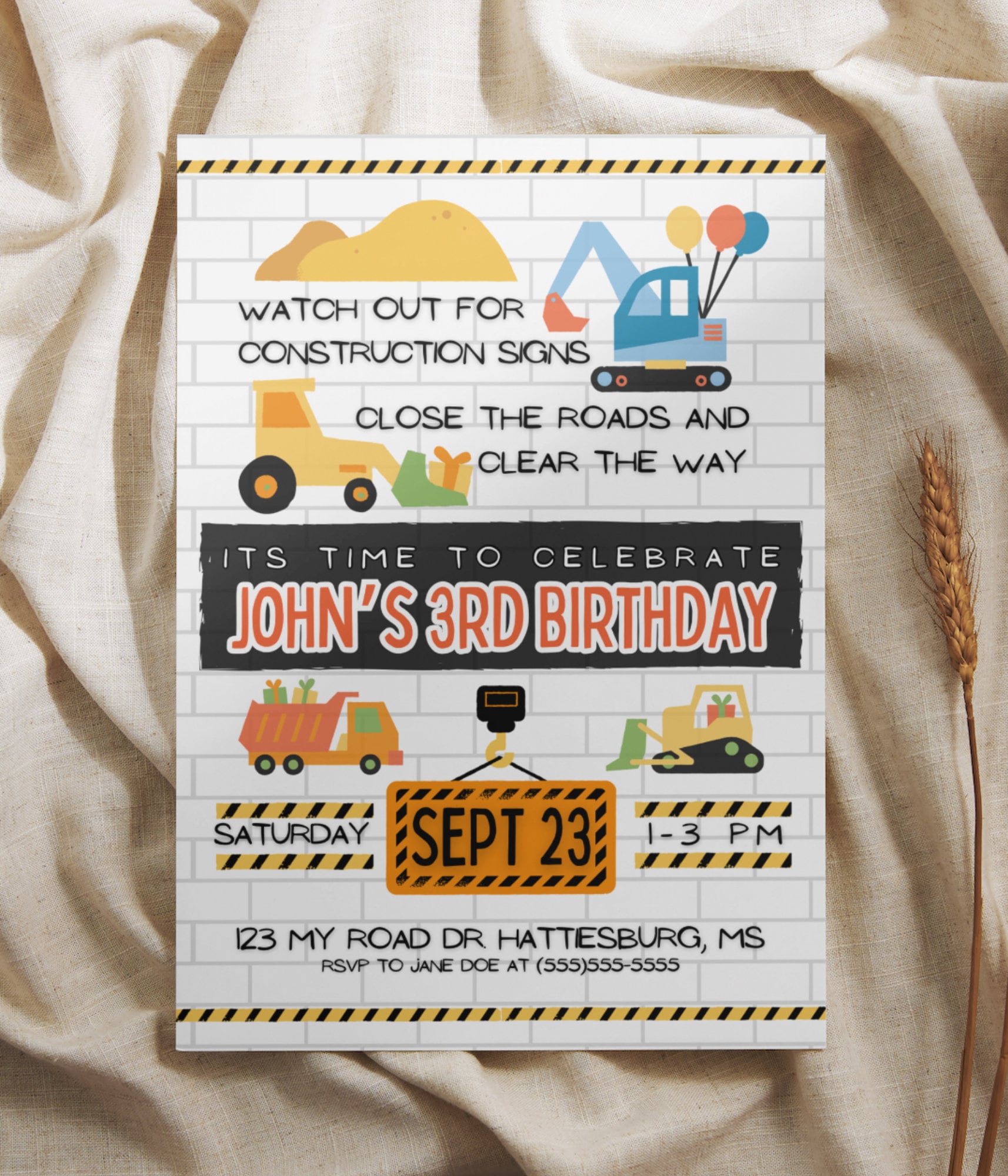 Construction Themed Any Birthday Invitation Template, 5x7 Construction ...