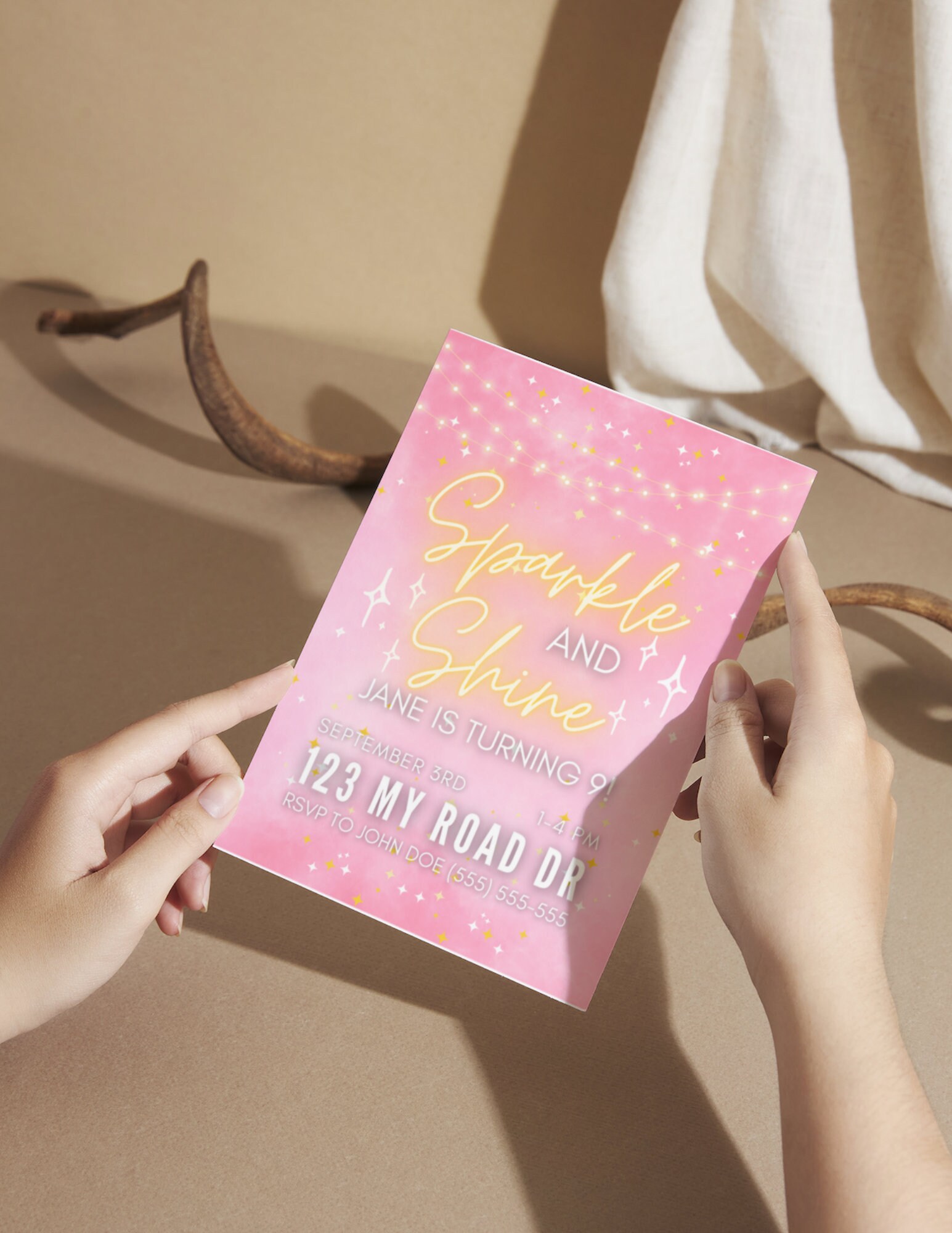 Sparkle and Shine 9th Birthday Invitation Template, 5x7 Pink Birthday ...