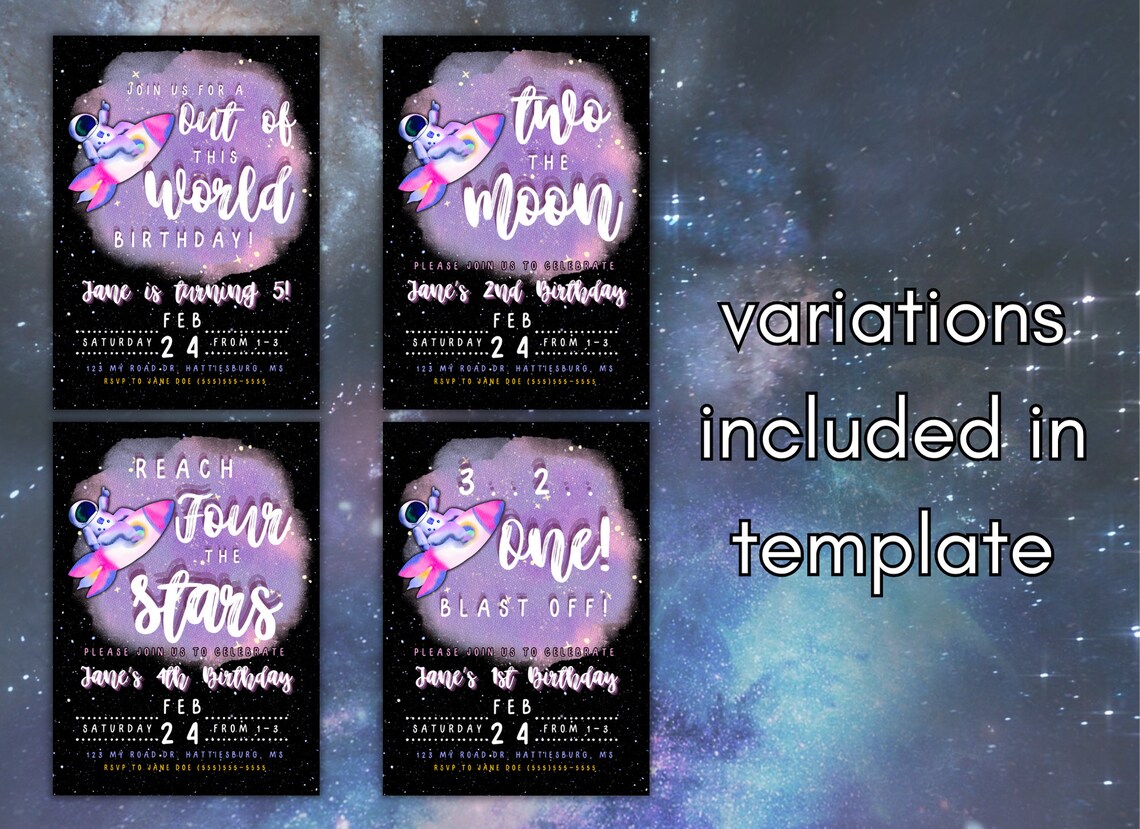 Space Themed 5x7 Birthday Invitation Template, 3 2 One Blast Off, Reach ...