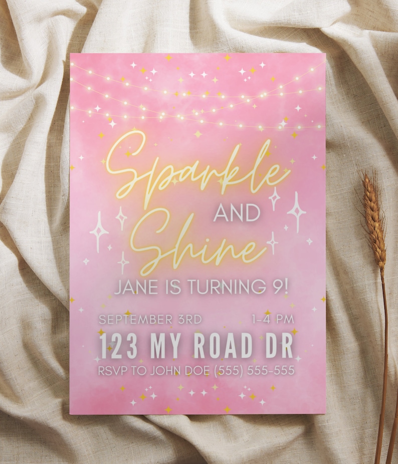 Sparkle and Shine 9th Birthday Invitation Template, 5x7 Pink Birthday ...