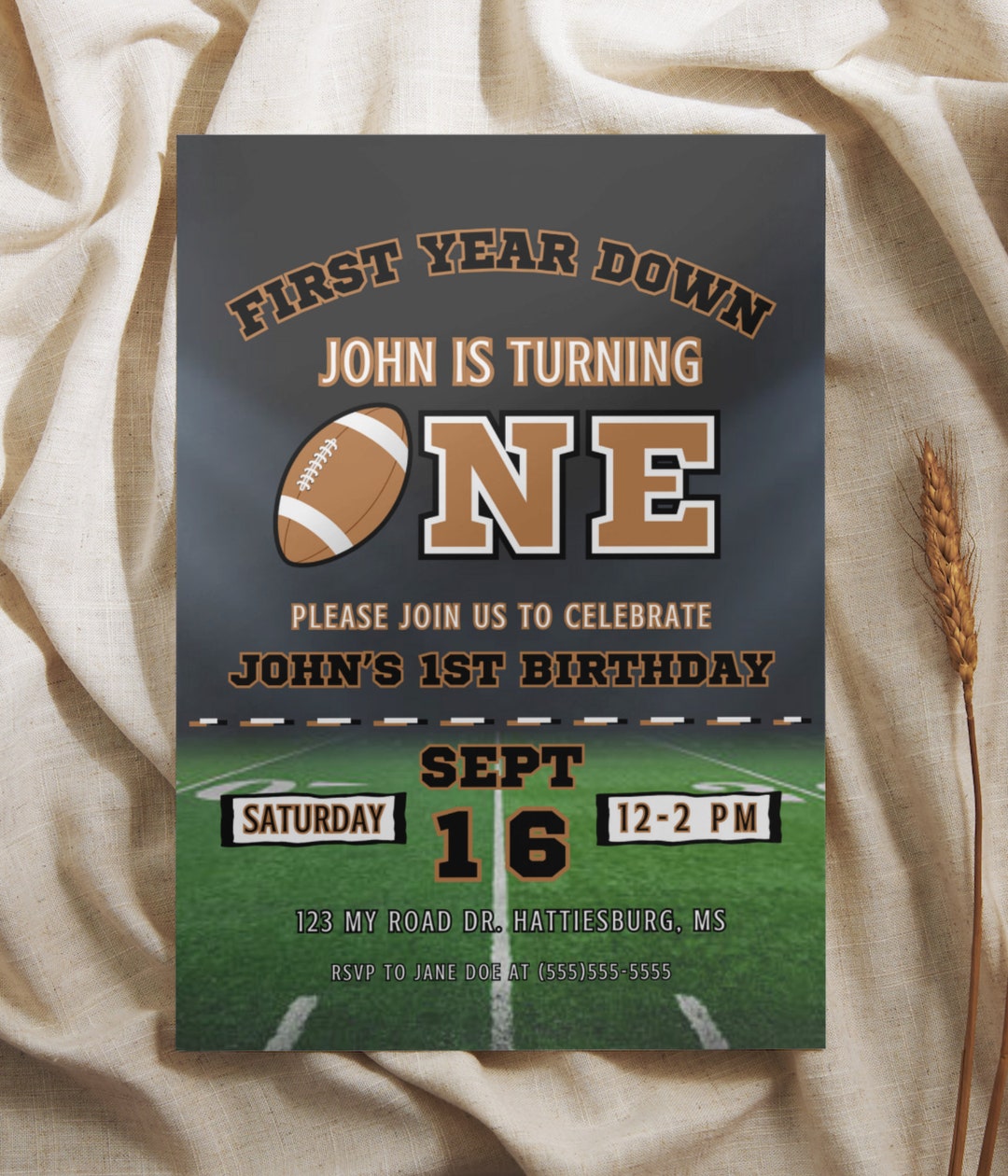 First Year Down Birthday Football Themed Birthday Invitation Template ...