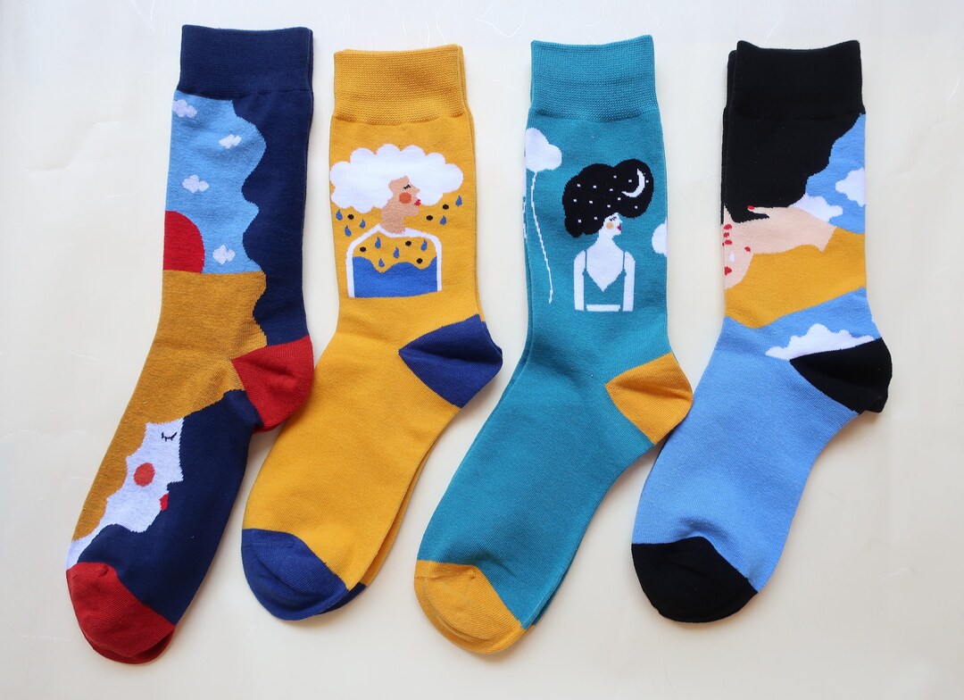 Comfy Men Artistic Cotton Dress Socks | Colorful Fun Mid-calf Socks for ...