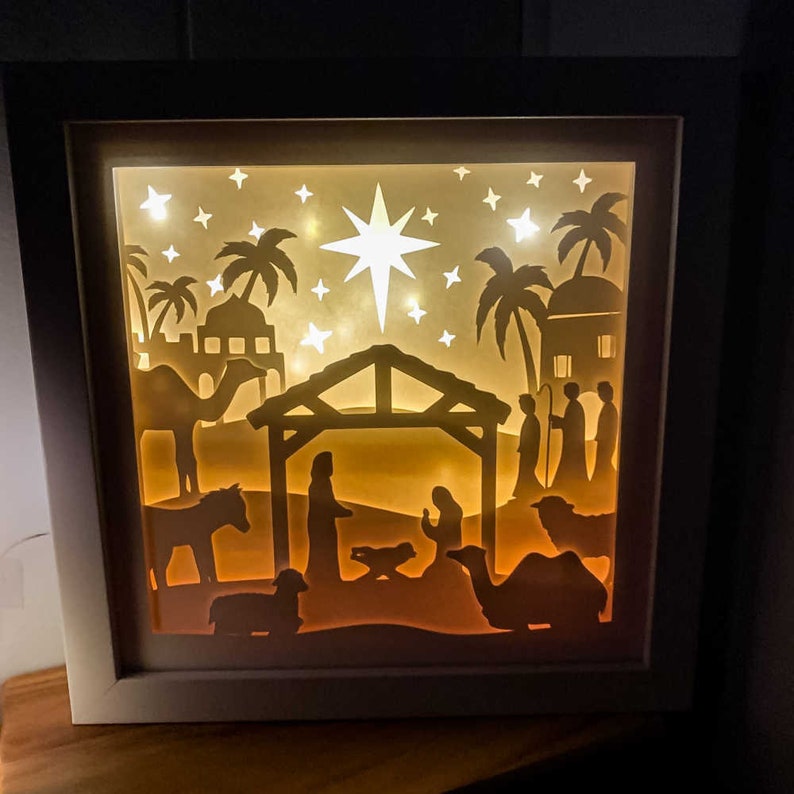 Merry Christmas and Nativity Scene 3D Shadow Box SVG, Lightbox 3D Paper ...
