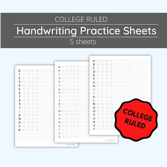 Printable Handwriting Practice Sheets College Ruled - Etsy