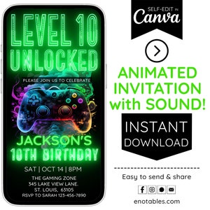 Level 10 Unlocked Boys 10th Birthday Invitation Digital Game Controller ...