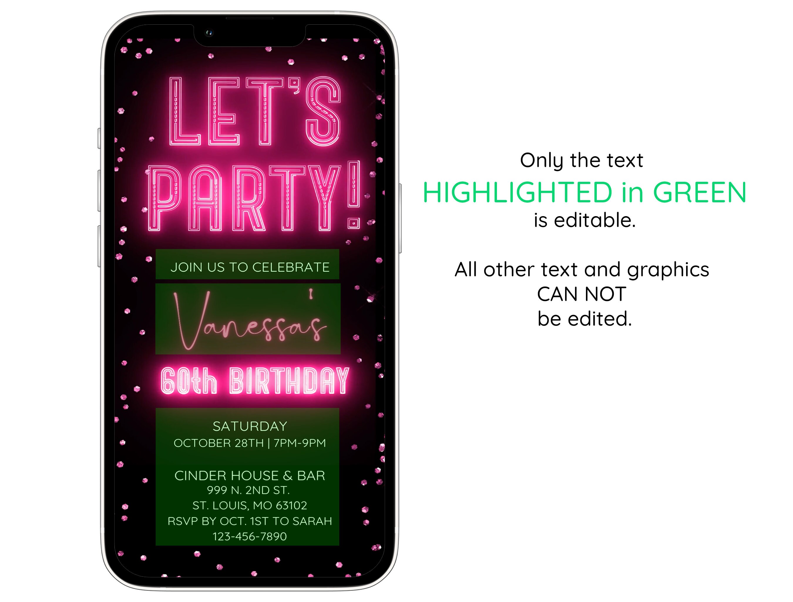 Let's Party Neon Digital 60th Birthday Invitation Canva Editable Self ...