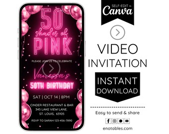 28 Shades of Pink Birthday Party Invitation Digital Neon Hot Pink Sign ...