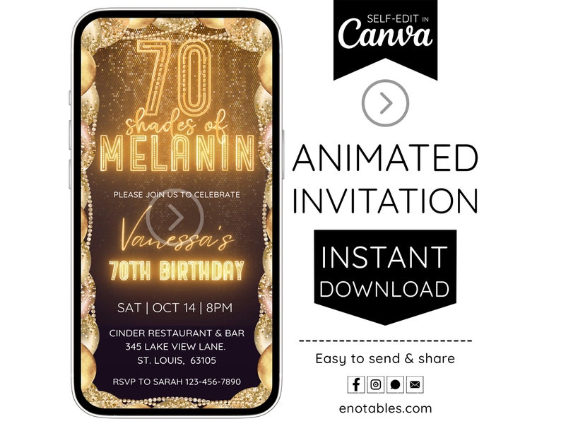 70 Shades of Melanin 70th Birthday Invitation Black Woman Gold Neon ...