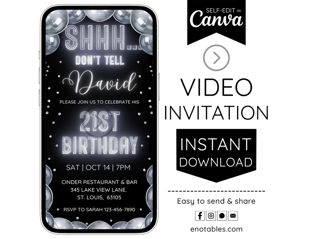 Invitación digital de cumpleaños número 21 para él Globos plateados ...