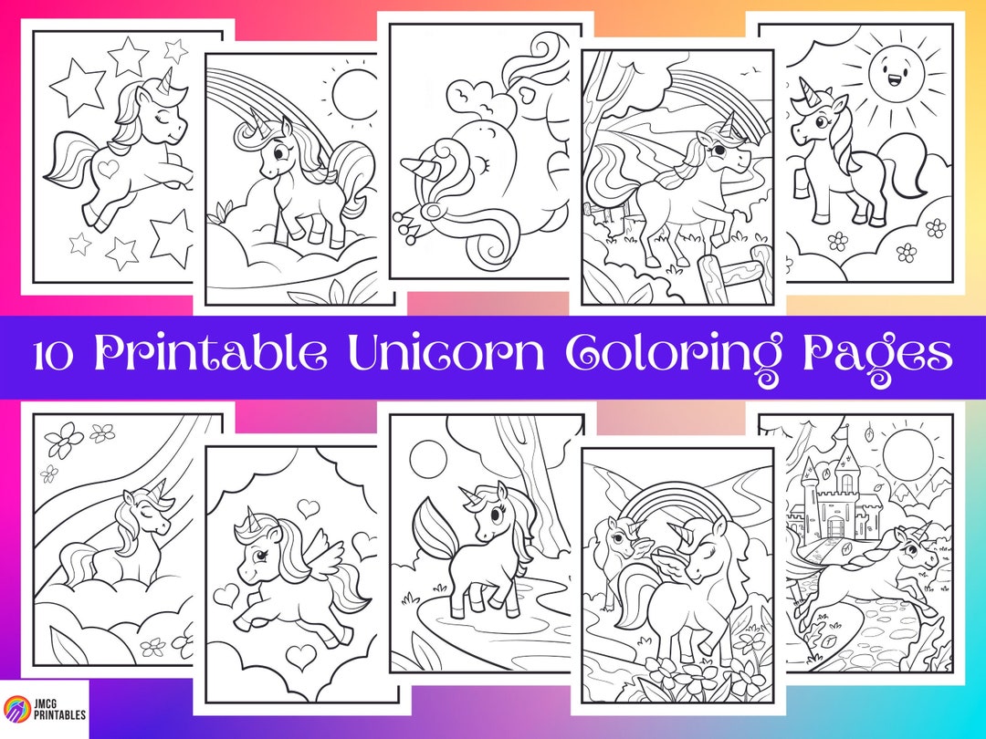 10 Beautiful Unicorn Digital Coloring Pages for Kids, Printable Unicorn ...