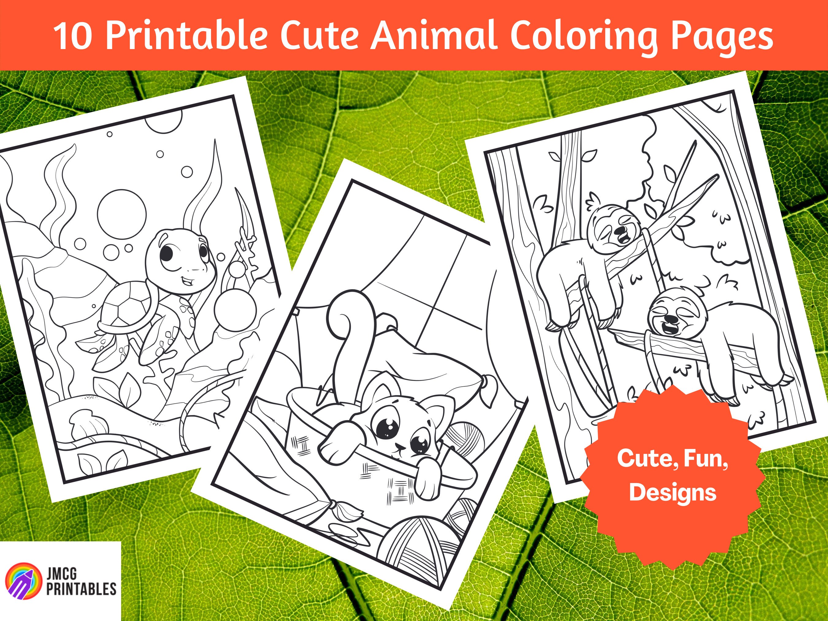 10 Cute Animal Coloring Pages for Kids Printable - Volume 2, Digital ...