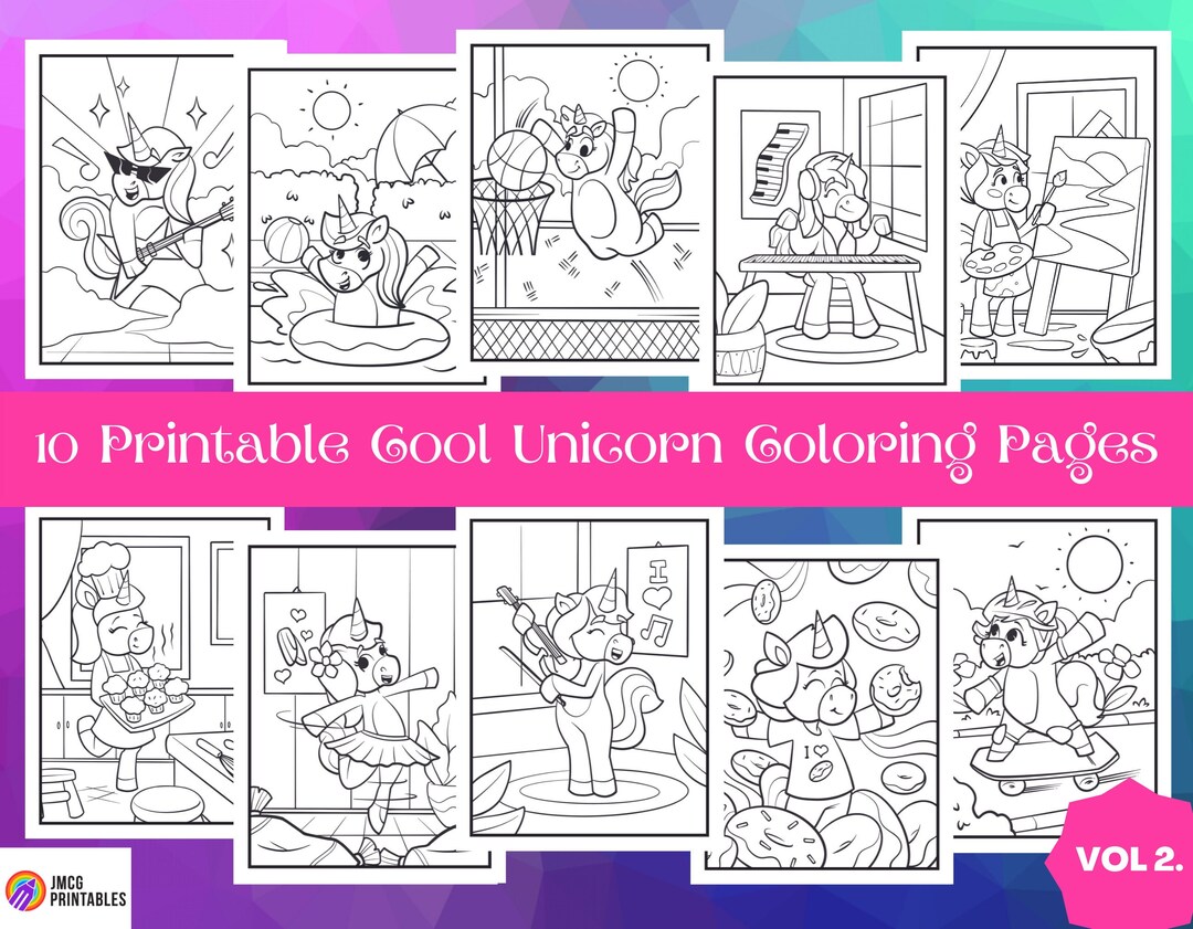 10 Fun, Cool Unicorn Coloring Pages for Kids (volume 2) - Printable PDF ...