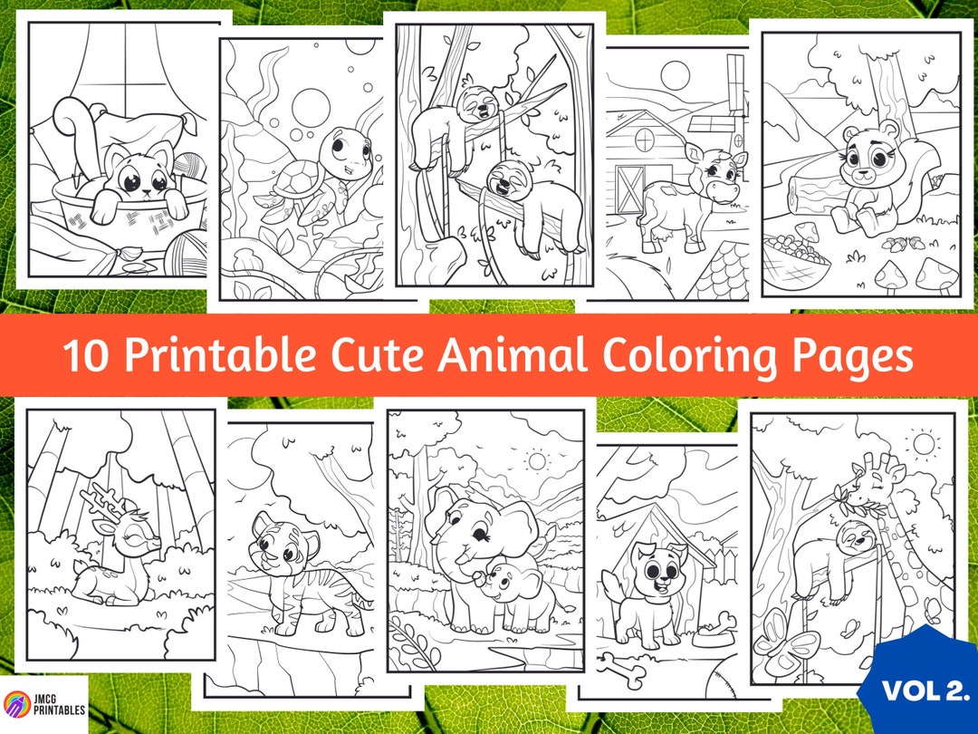 10 Cute Animal Coloring Pages for Kids Printable - Volume 2, Digital ...