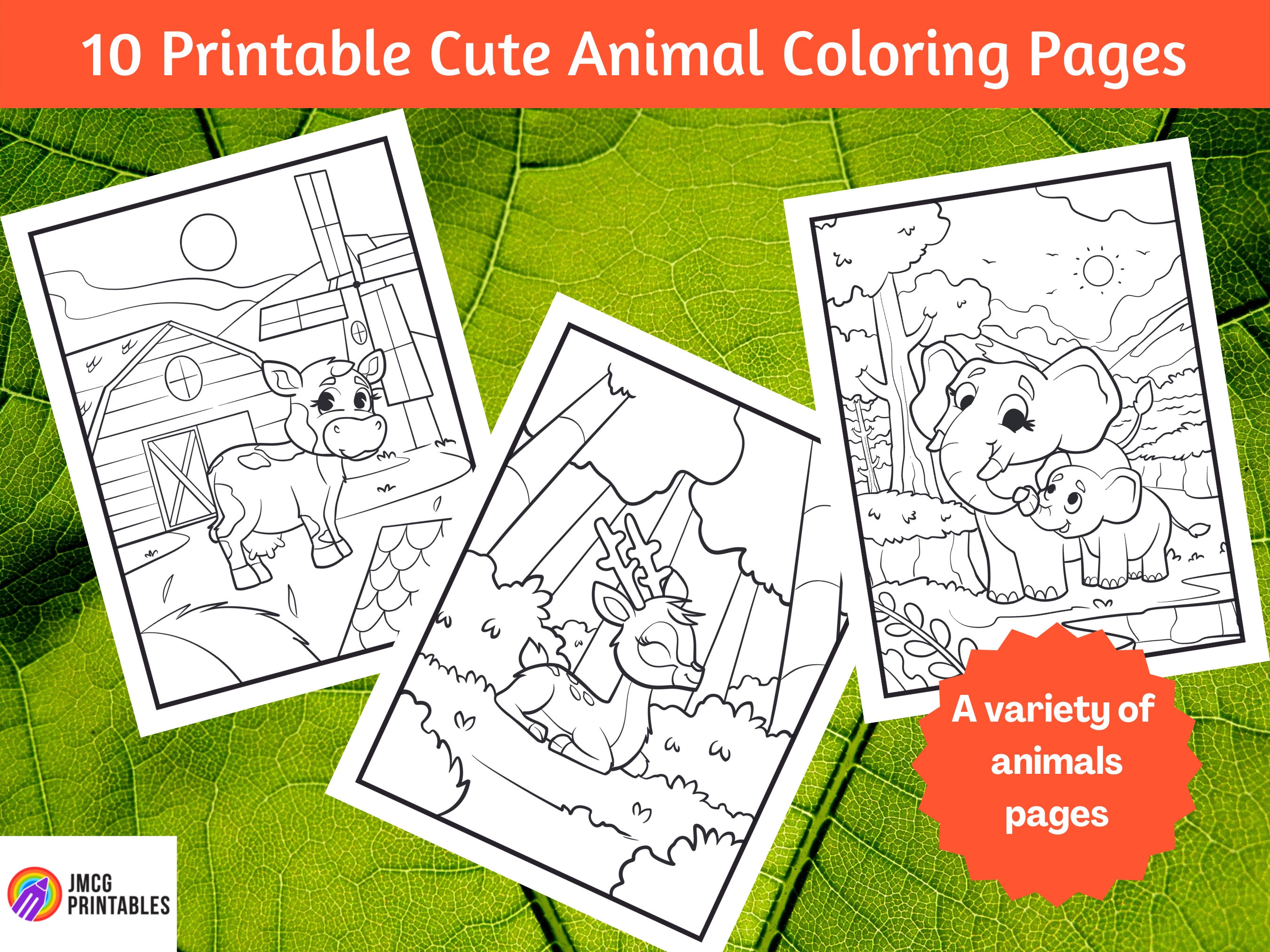 10 Cute Animal Coloring Pages for Kids Printable - Volume 2, Digital ...