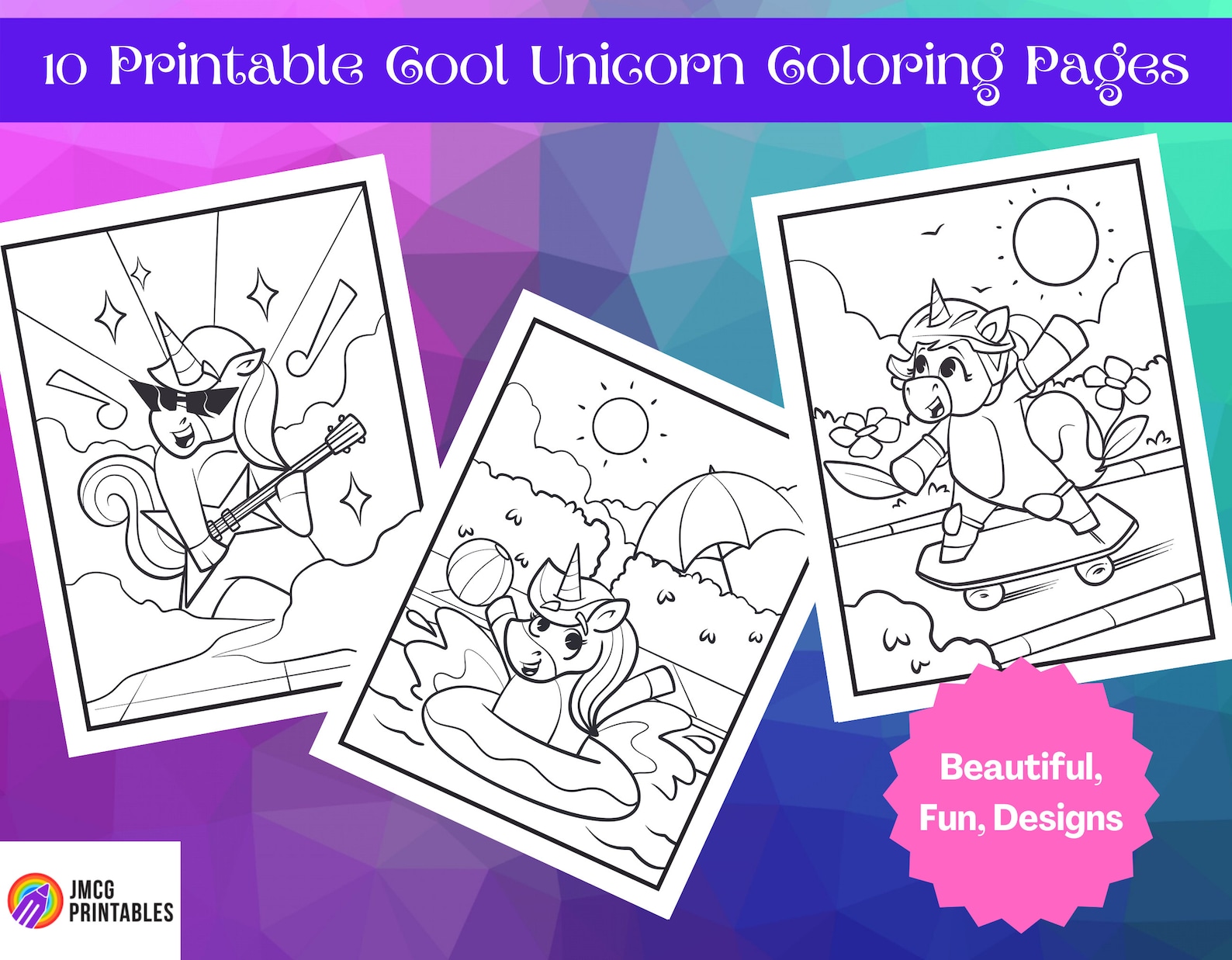 10 Fun, Cool Unicorn Coloring Pages for Kids (volume 2) - Printable PDF ...