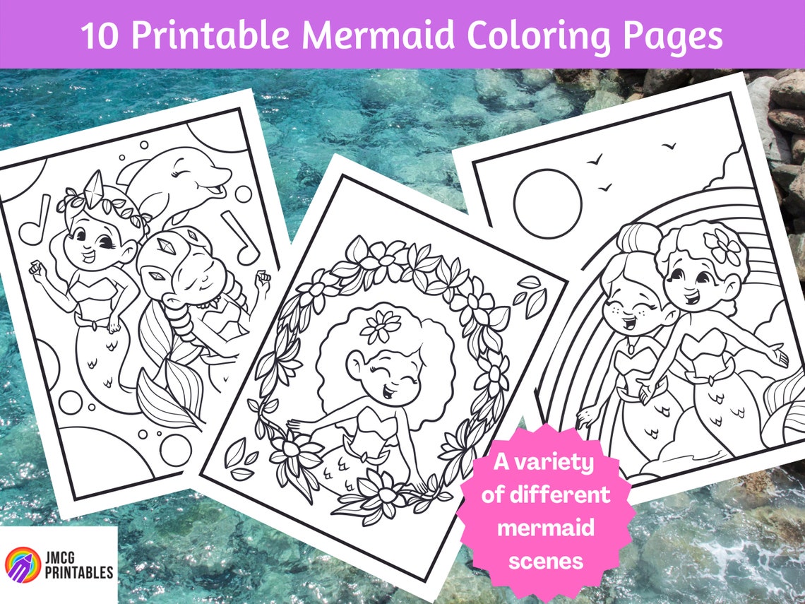 10 Beautiful Mermaid Coloring Pages for Kids Volume 2 - Etsy