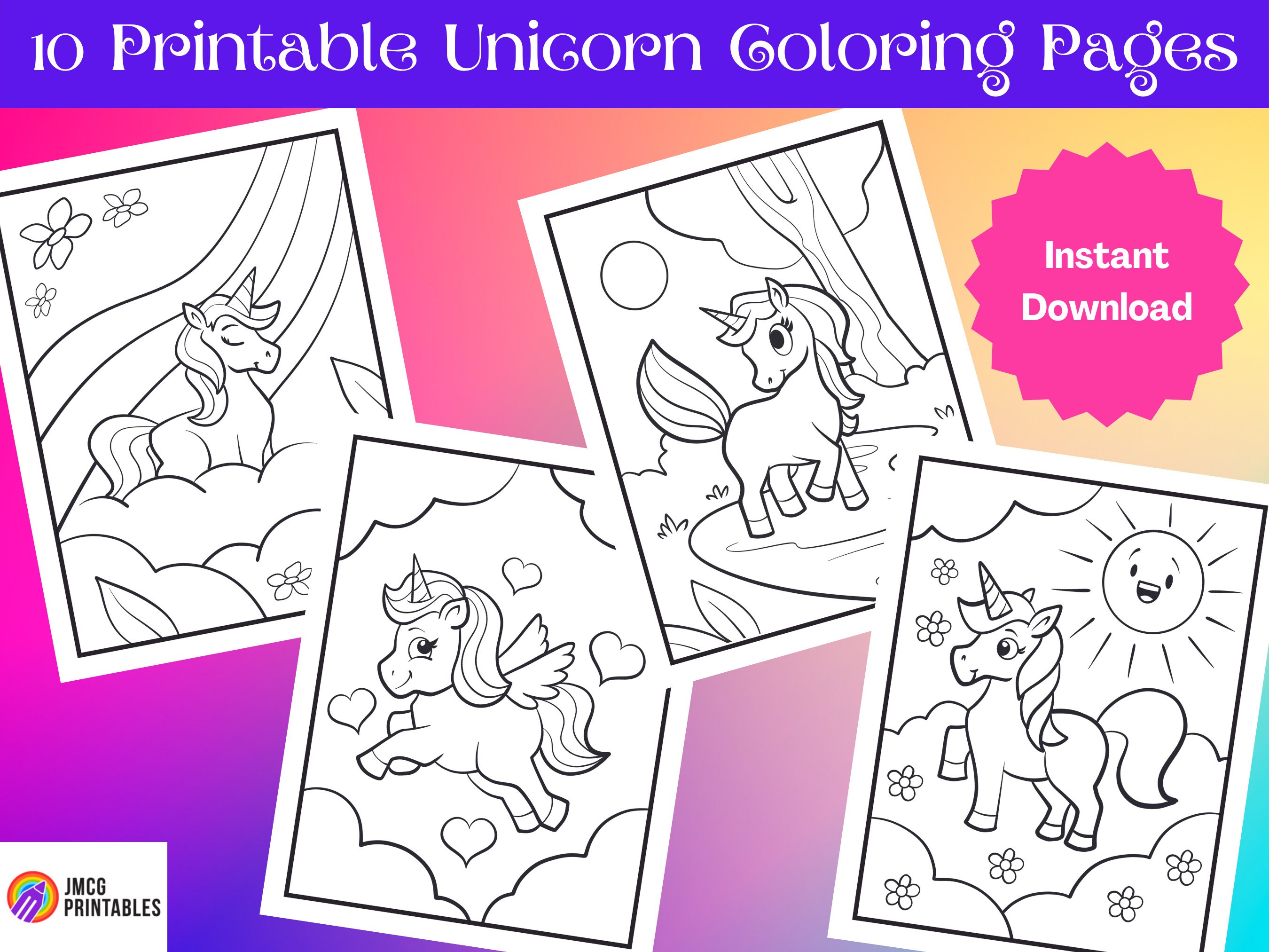 10 Beautiful Unicorn Digital Coloring Pages for Kids, Printable Unicorn ...