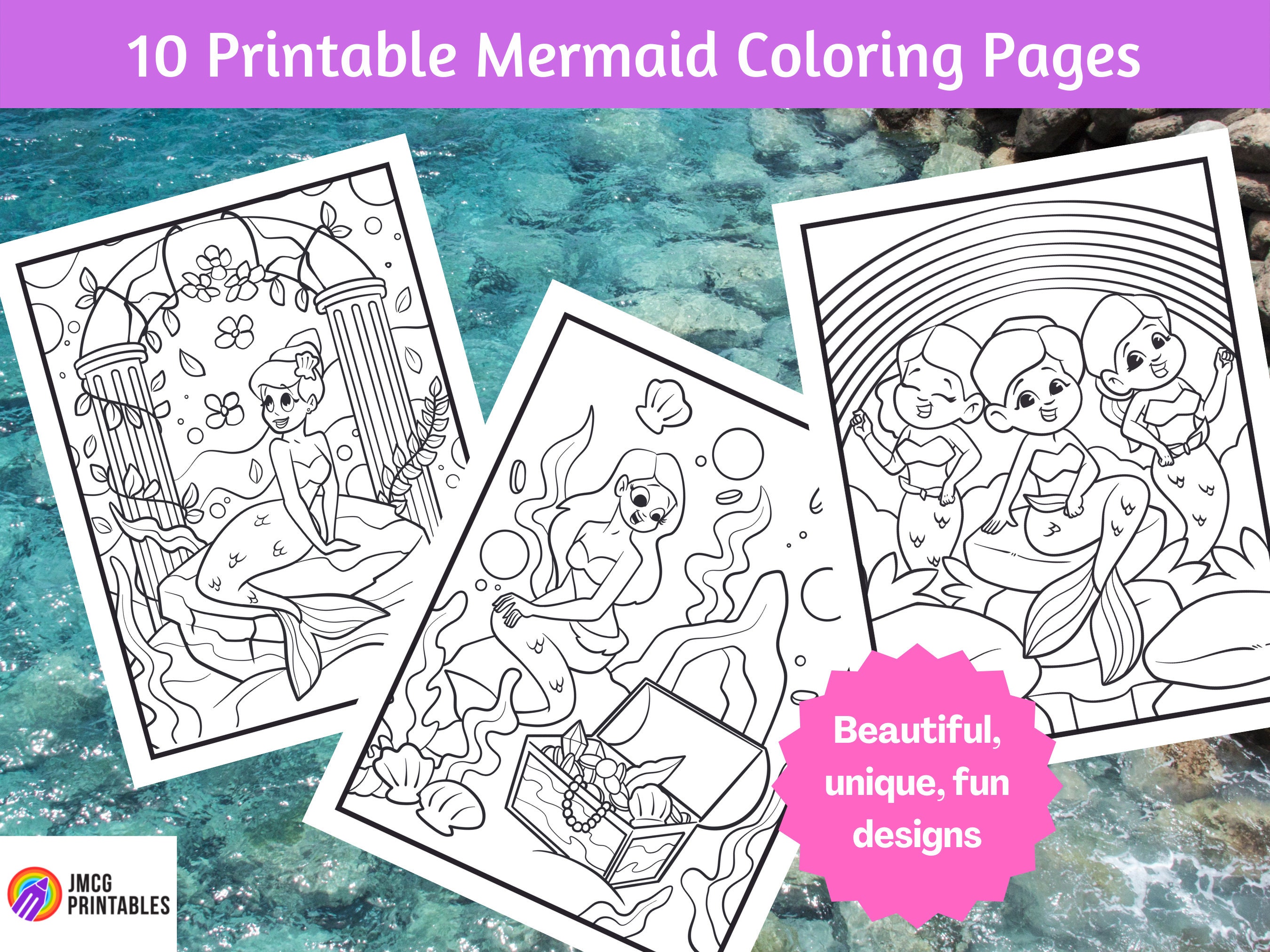 10 Beautiful Mermaid Coloring Pages for Kids Volume 2, Mermaid ...