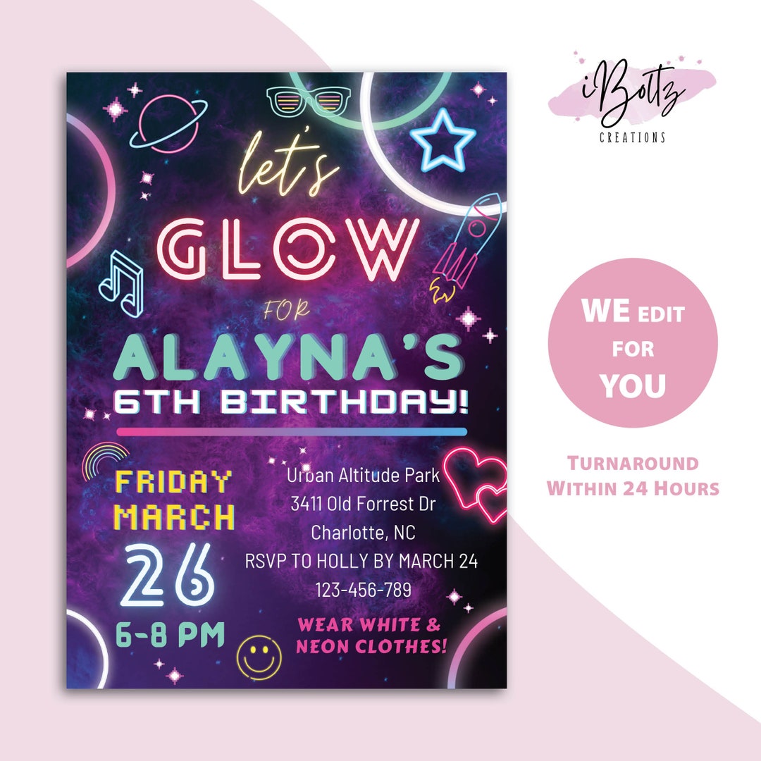 Neon Lights Birthday Glow Party Invitation Digital File, Fully ...