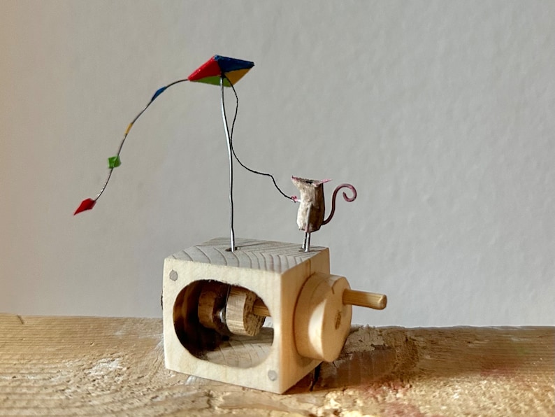 Mouse With Kite, Tiny Wooden Automaton - Etsy